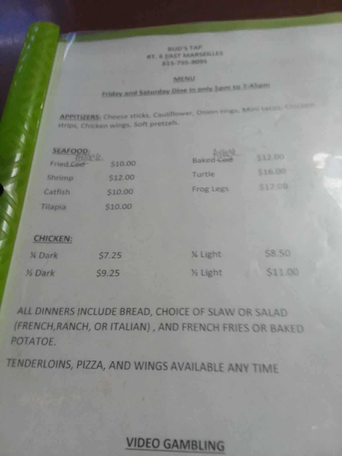 Menu at Bud's pub & bar, Marseilles