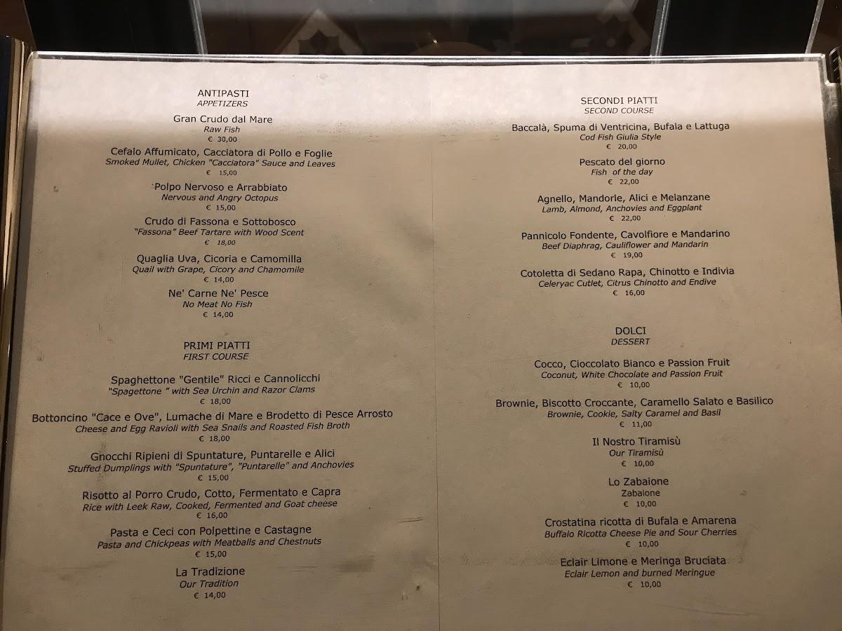 Menu at Giulia Restaurant, Rome, Lungotevere dei Tebaldi