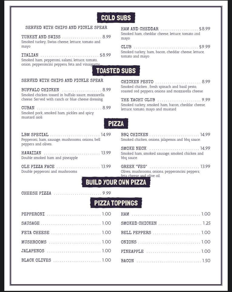Menu at Little Bridge Marina LLC BBQ, Rainbow City