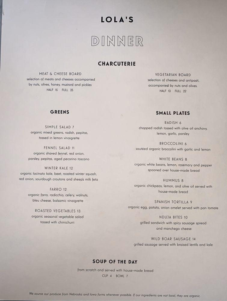 Menu at Lola's Cafe, Omaha