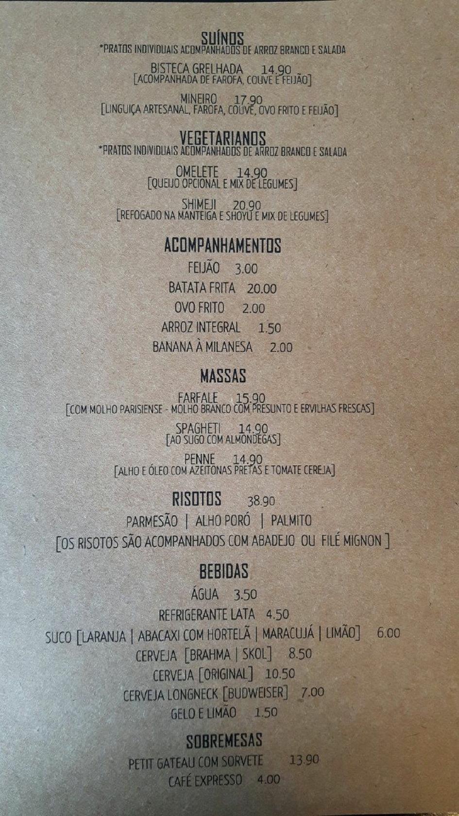 Menu at Mandolina restaurant, Araraquara