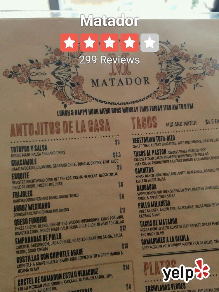 Menu at Matador pub & bar, San Francisco, 679 Sutter St