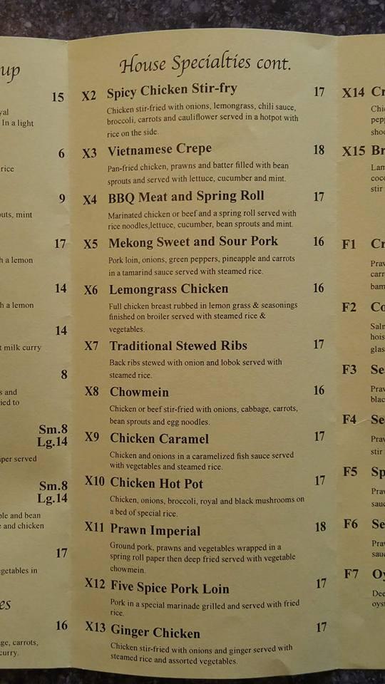 Menu at Mekong River Restaurant Vietnamese Cuisine, Parksville