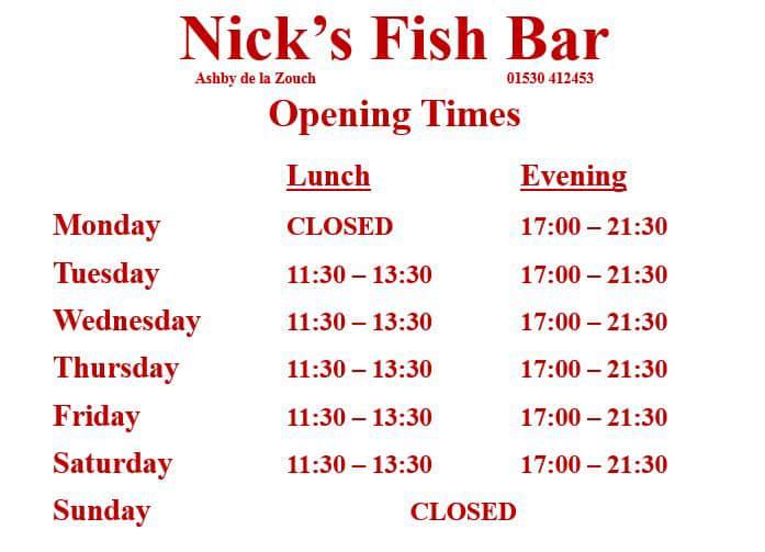 Menu at Nick's Fish Bar, Ashby-de-la-Zouch