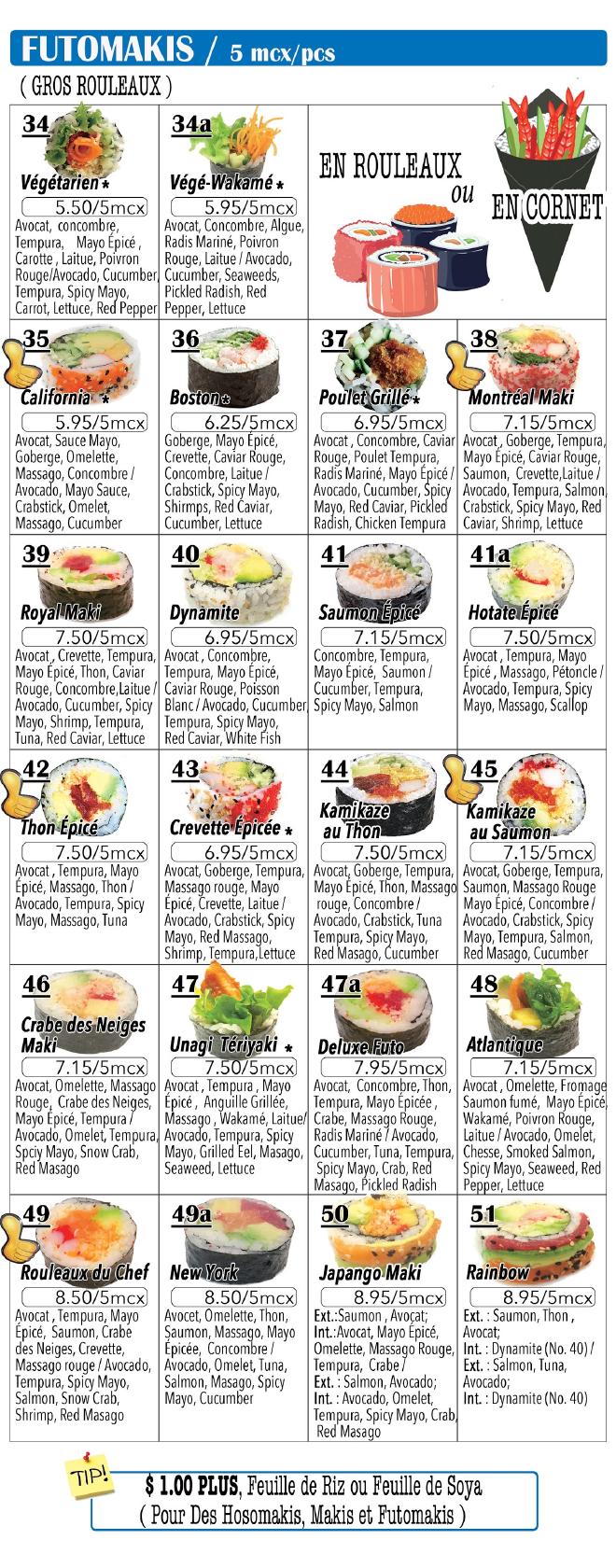 Menu at Sushi Japango restaurant, Montreal