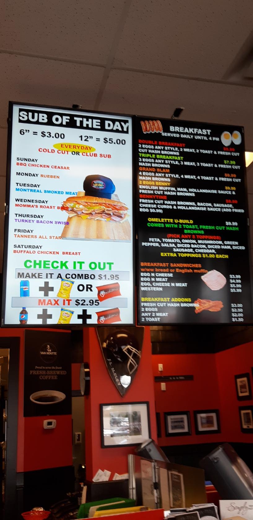 Menu at Tanner's Hoagies & Shakes restaurant, Halifax