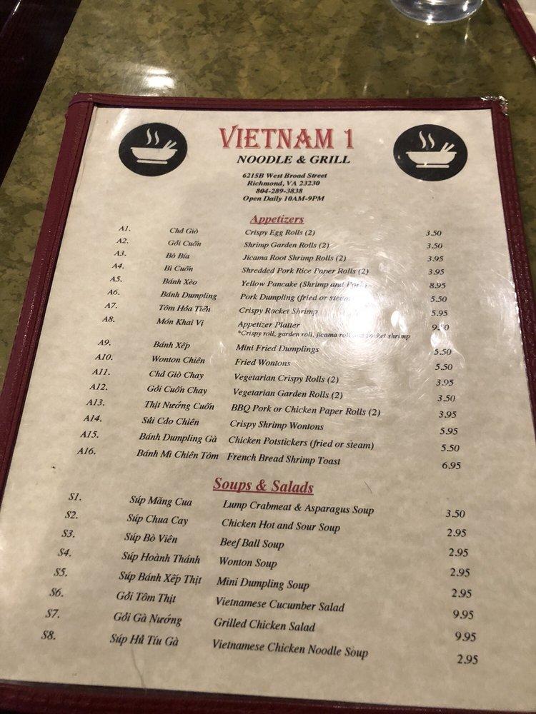 Menu at Vietnam One restaurant, Richmond