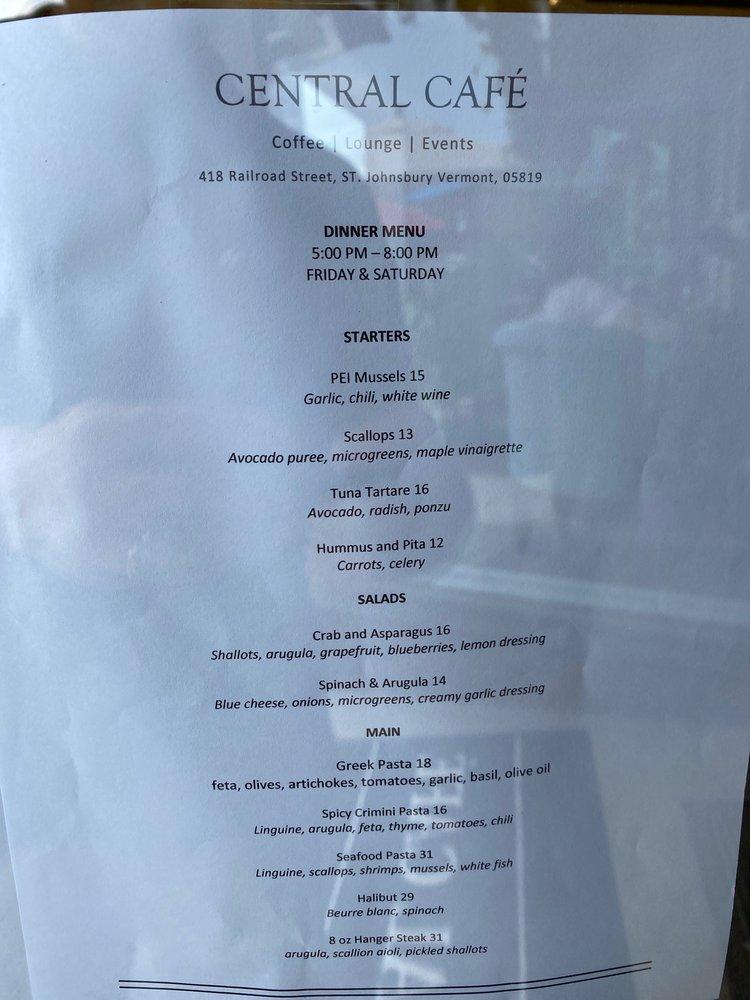 Menu at Central Cafe, Saint Johnsbury
