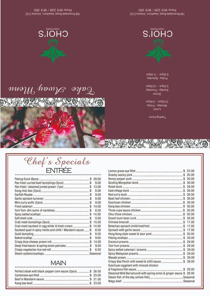 Menu at Choi's restaurant, Hawthorn