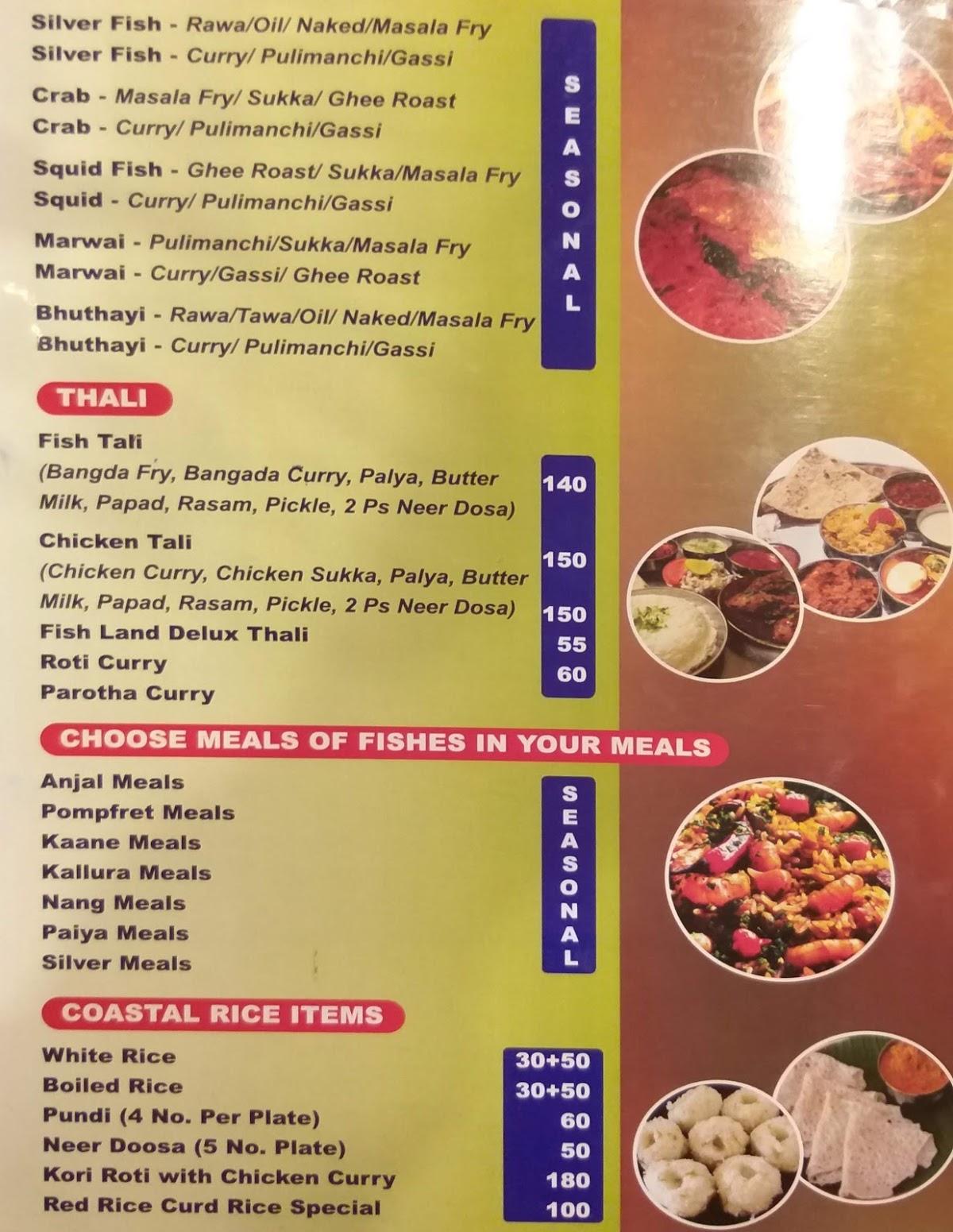 Menu at Fish land coastal, Bengaluru