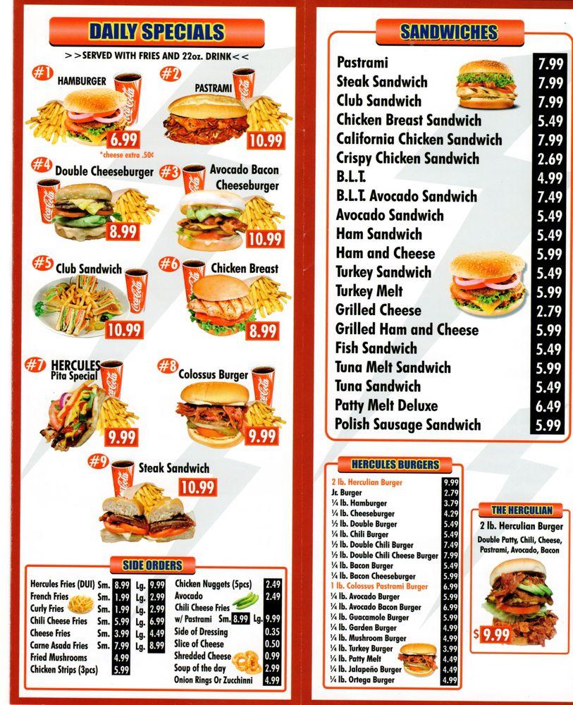 Menu at Hercules Burgers fast food, Lynwood