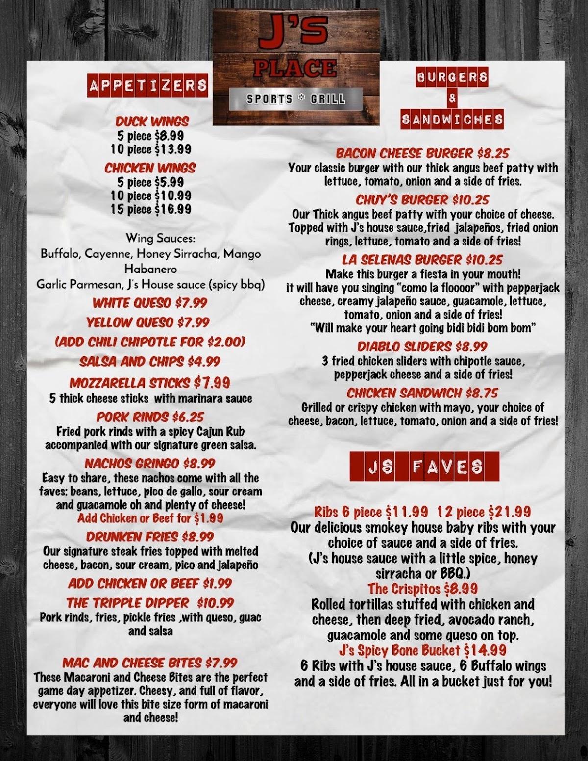 Menu at J's Place Sports Grill pub & bar, Cabot