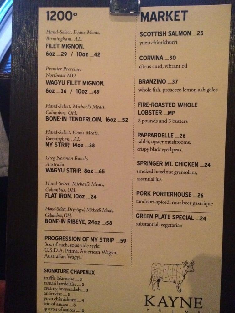 Menu at Kayne Prime Steakhouse, Nashville