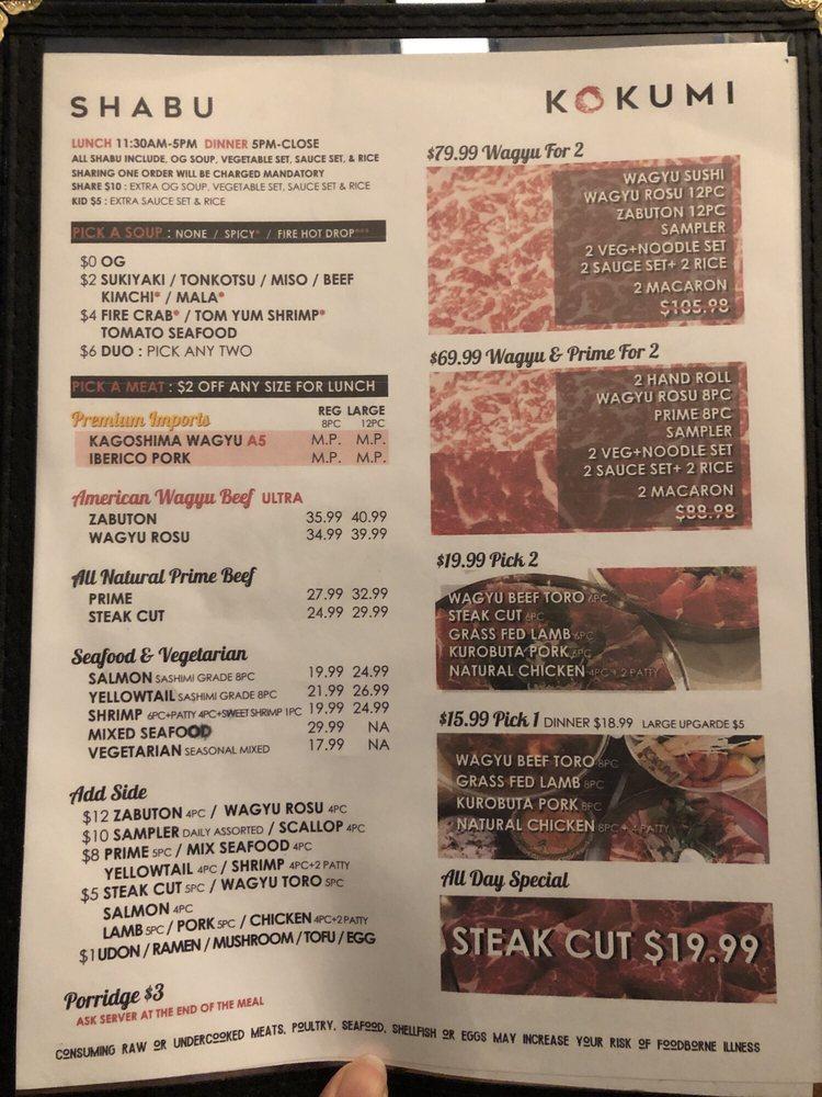 Menu at Kokumi restaurant, Arcadia