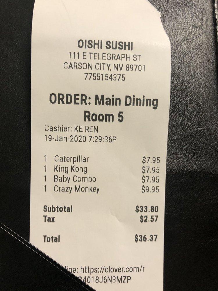 Menu at Oishi Sushi restaurant, Carson City