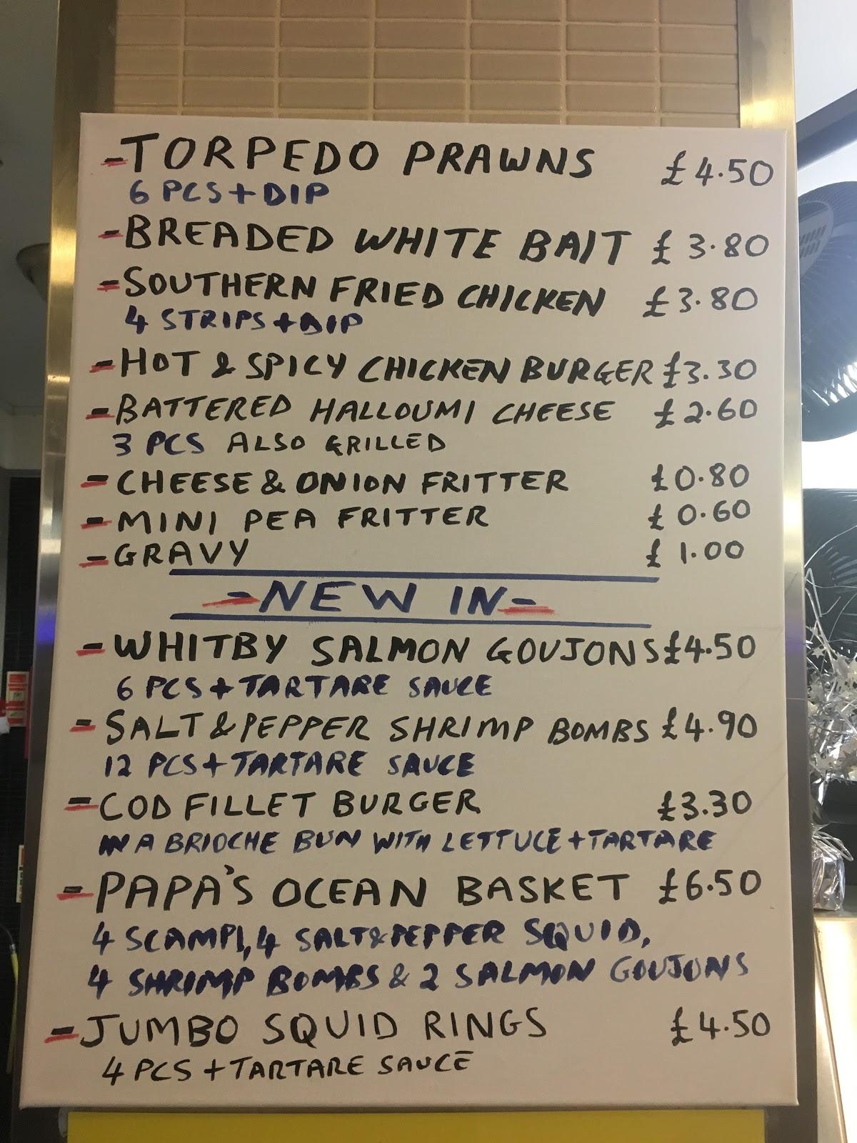 Menu at Papa’s fast food, Folkestone, 142 Canterbury Rd