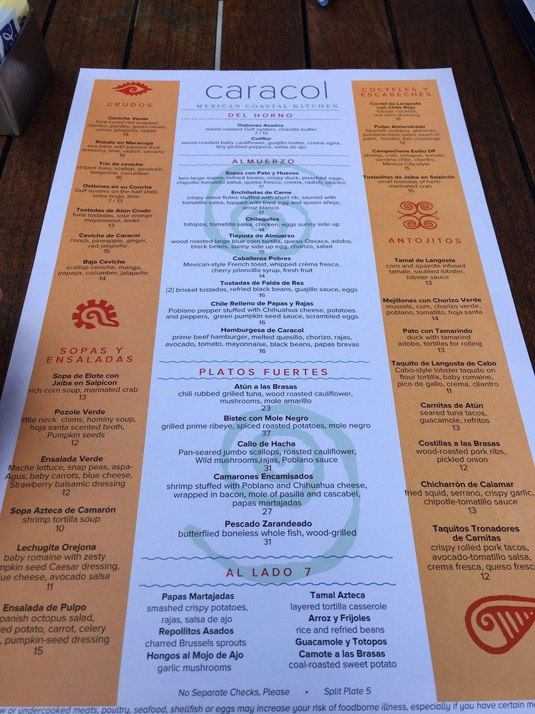 Menu at Caracol restaurant, Houston
