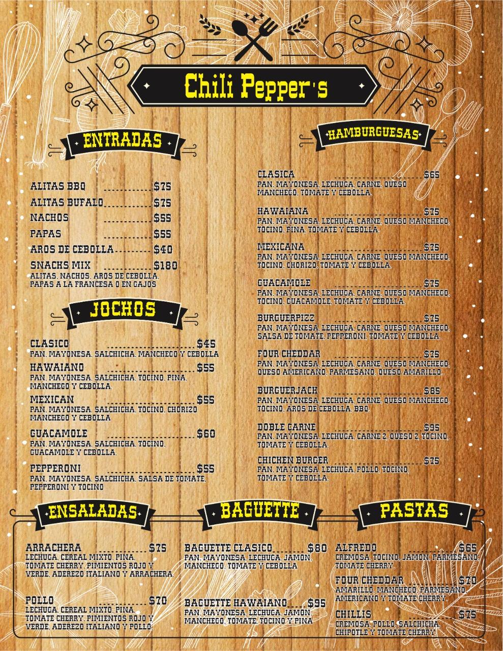 Menu at Chili Peper’s restaurant, Tierra Blanca