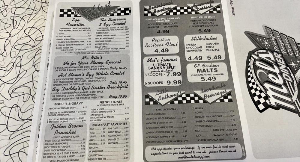 Menu at Mel's Classic Diner restaurant, Pigeon Forge