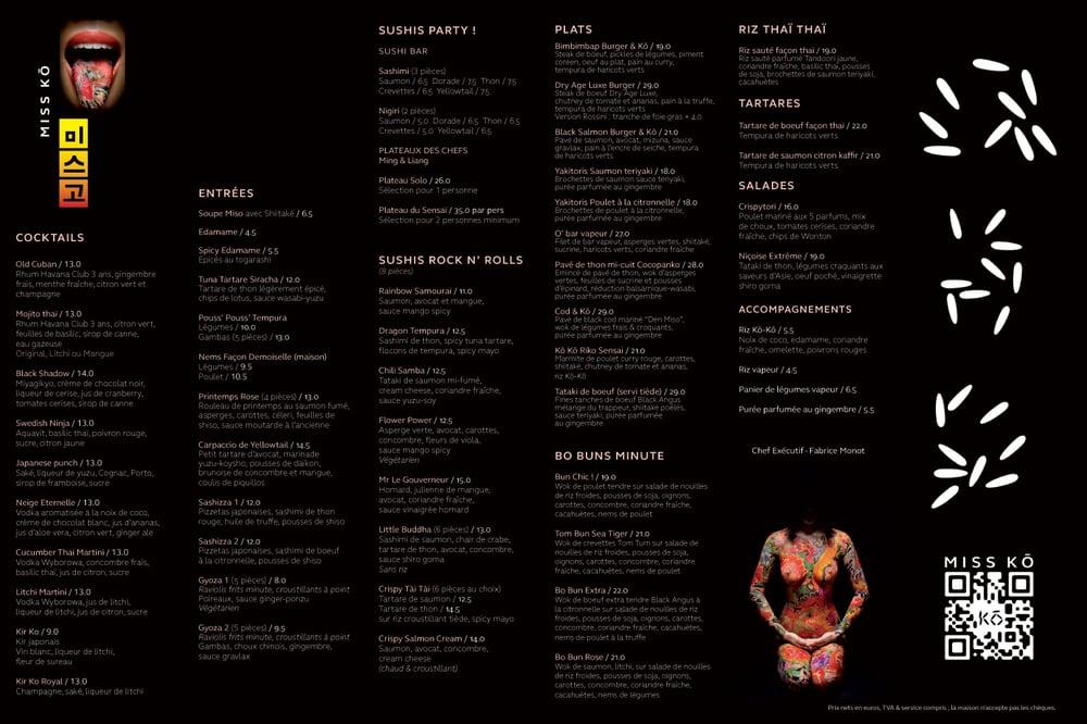 Menu at Miss Kô restaurant, Paris