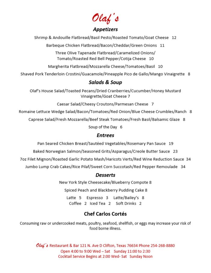 Menu at Olaf's Restaurant and Bar, Clifton