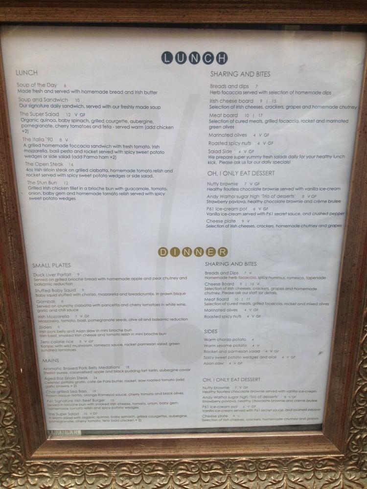 Menu at Platform 61 pub & bar, Dublin