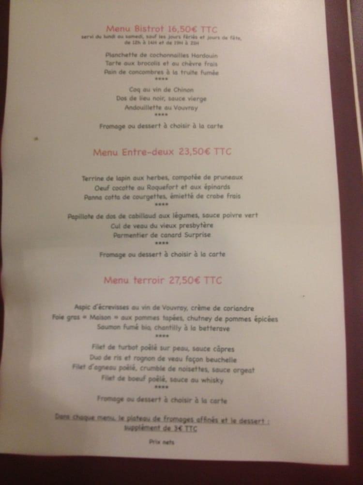 Menu at Le Val Joli restaurant, Vouvray