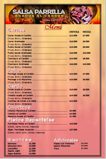 Menu at Salsa parrilla, Colombia