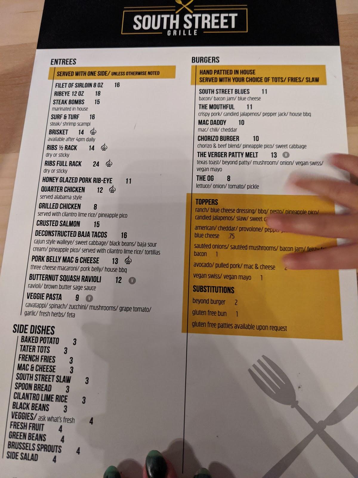 Menu at The South Street Grille steakhouse, Ashland