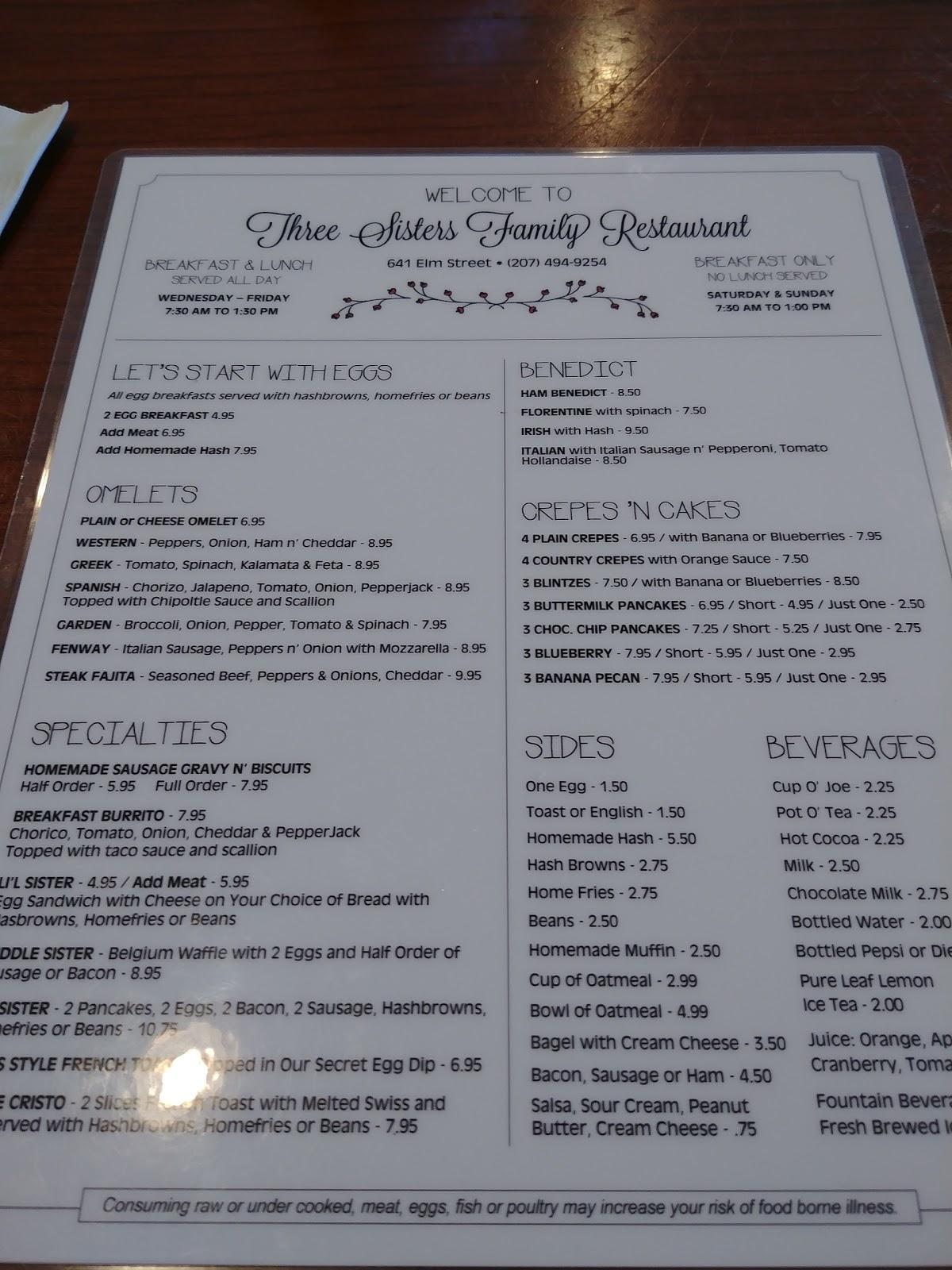 Menu at Three Sisters Family Restaurant, Biddeford