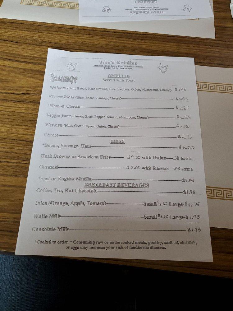 Menu at Tina's Katalina restaurant, South Range, 59 Trimountain Ave