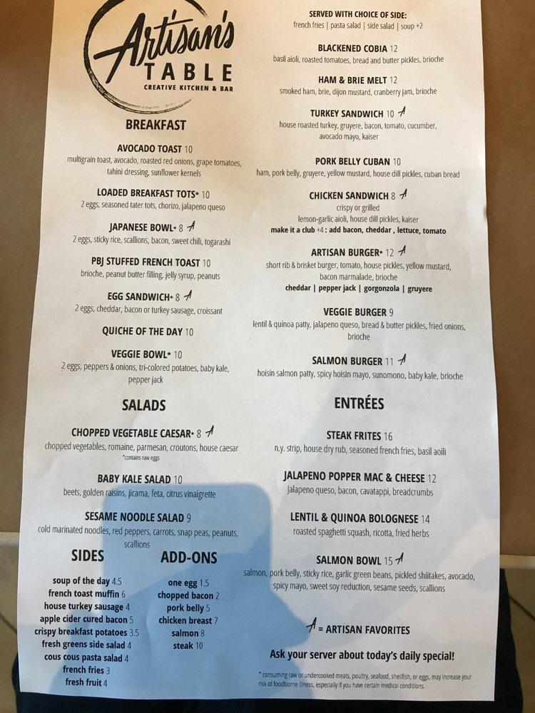 Menu at Artisan's Table restaurant, Orlando
