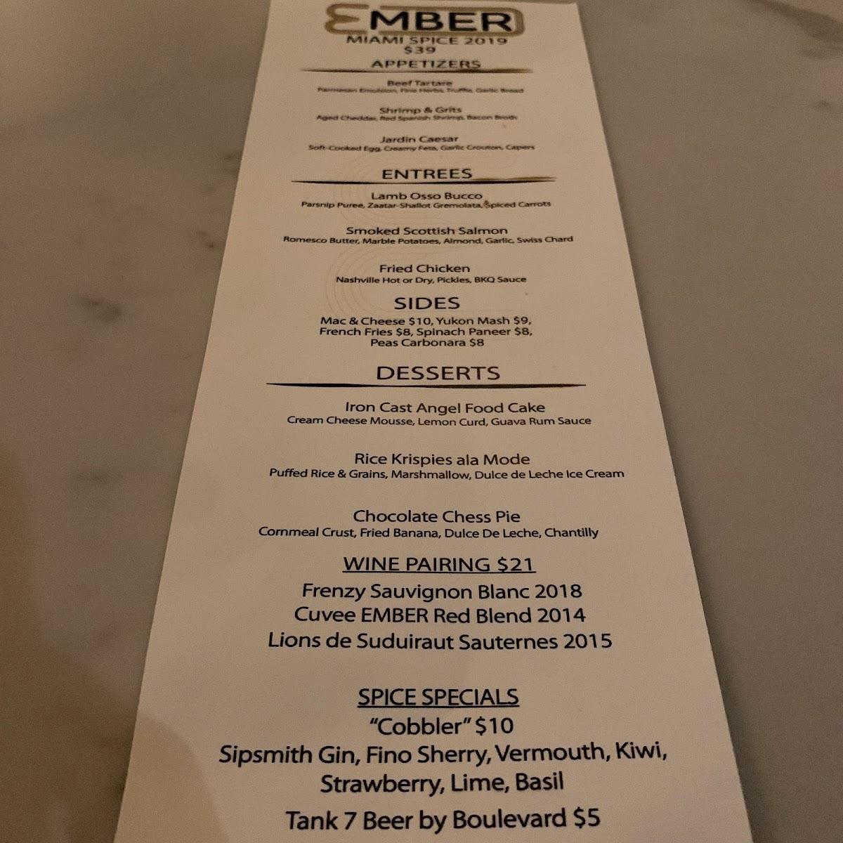 Menu at Ember Miami restaurant, Miami