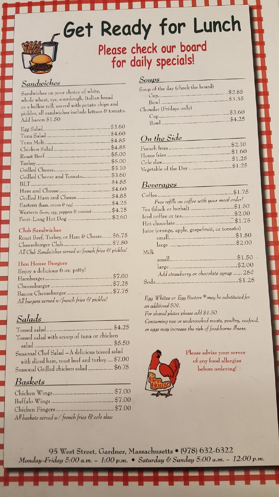 Menu at The Hen House restaurant, Gardner