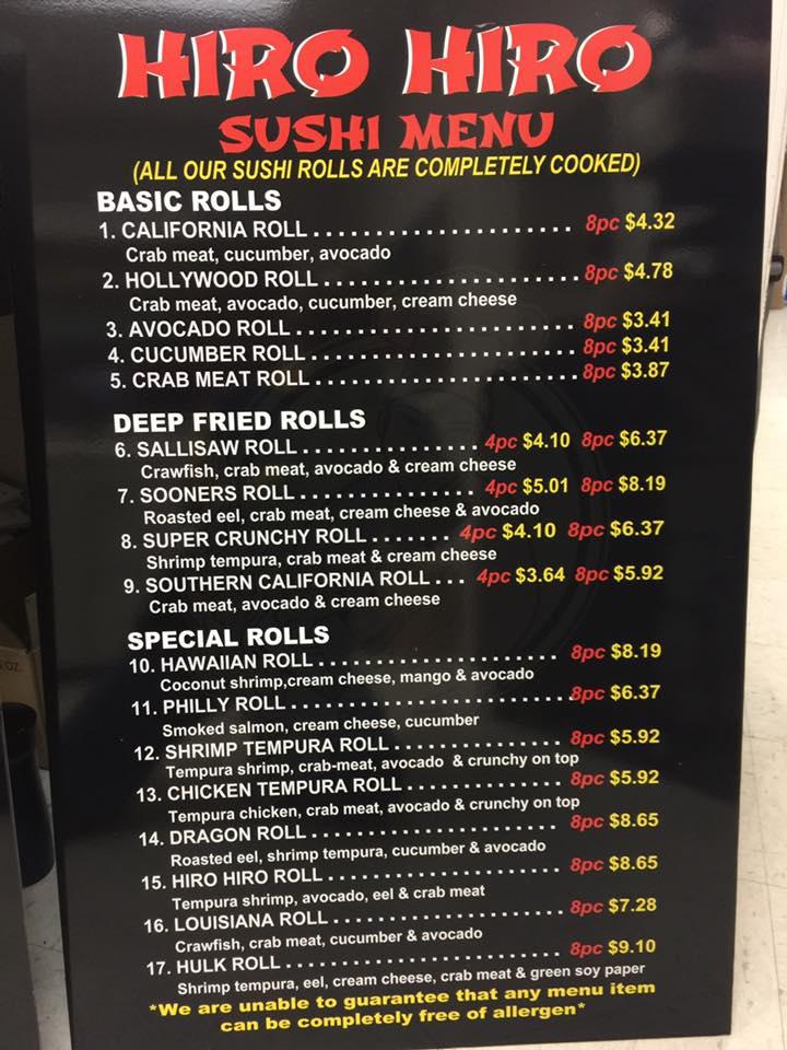 Menu at Hiro Hiro restaurant, Sallisaw