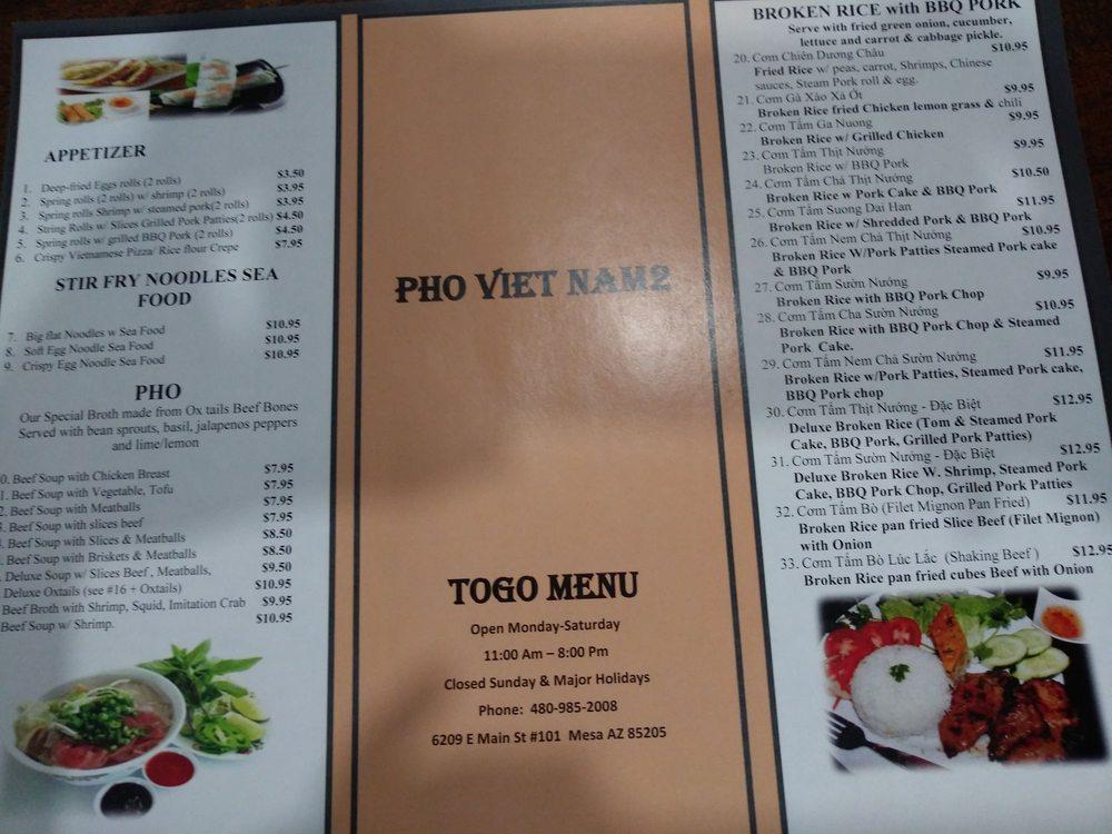 Menu at Pho Viet Nam 2 restaurant, Mesa, E Main St