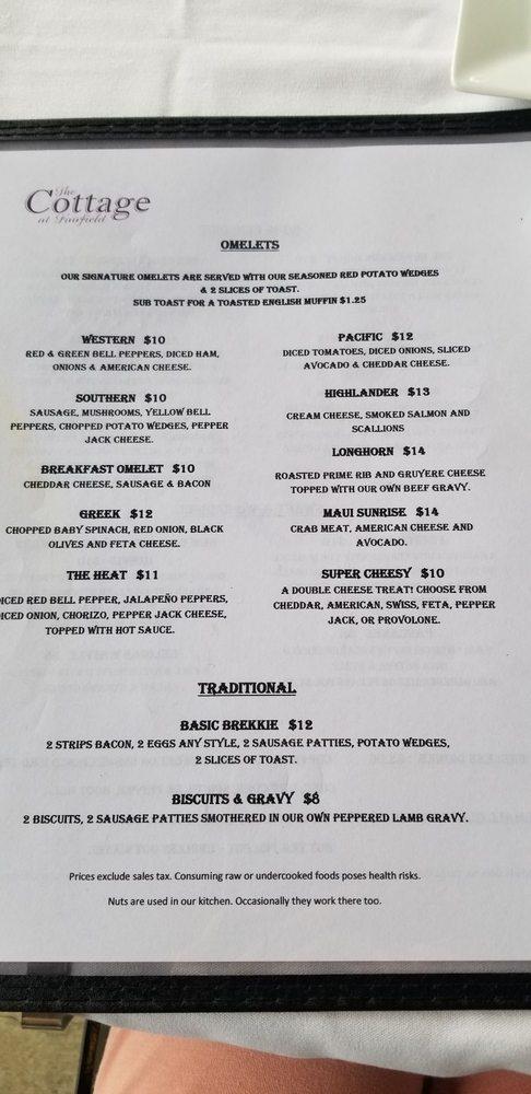 Menu at The Cottage At Fairfield Restaurant, Crossville, 31 Confederate Rd