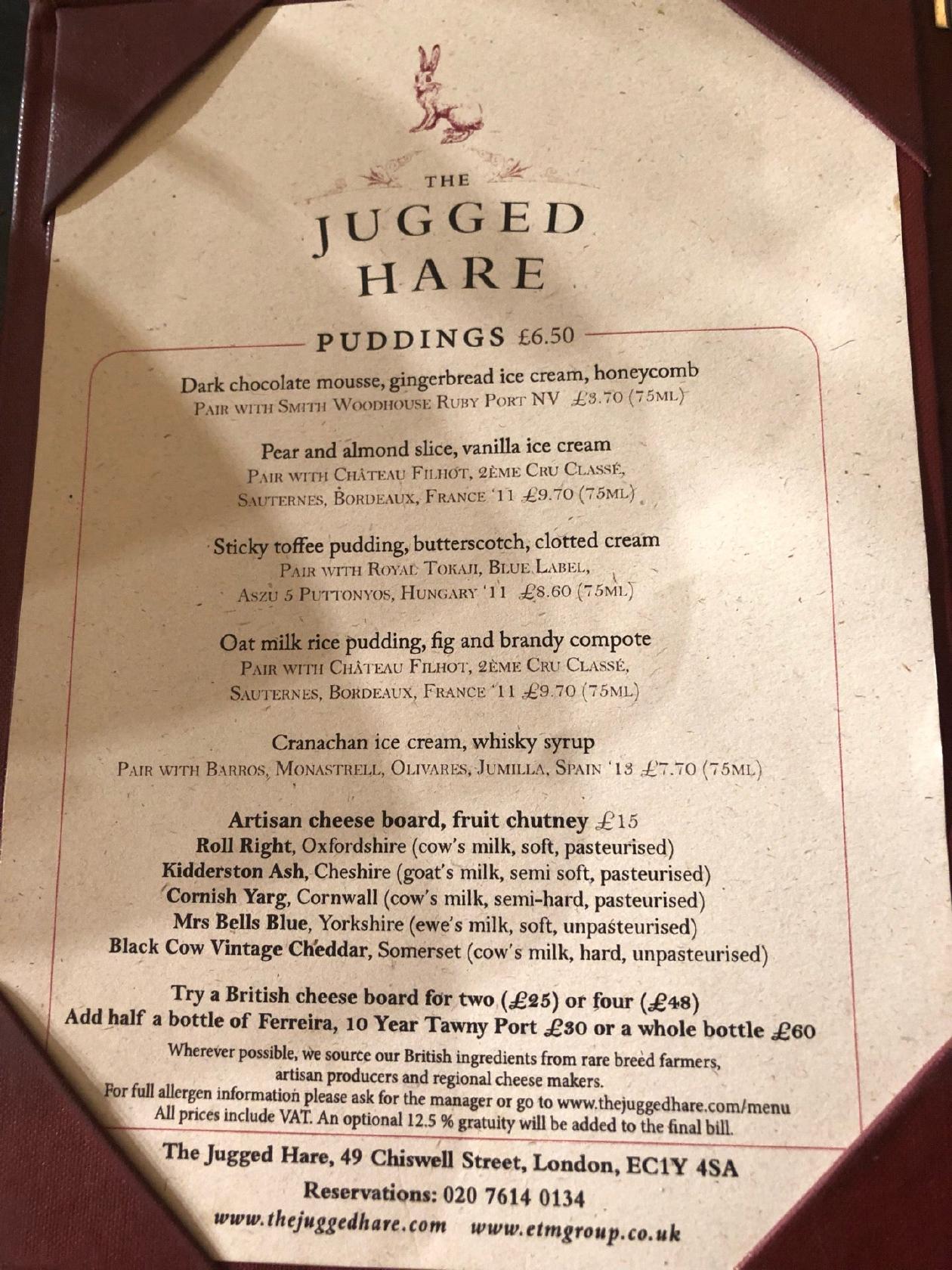 Carta del pub y bar The Jugged Hare, Londres, 49 Chiswell St