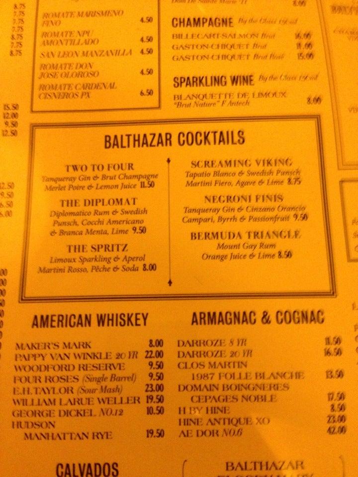 Menu at Balthazar restaurant, London