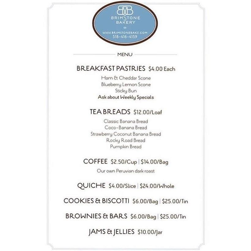 Menu at Brimstone Bakery, Sharon Springs