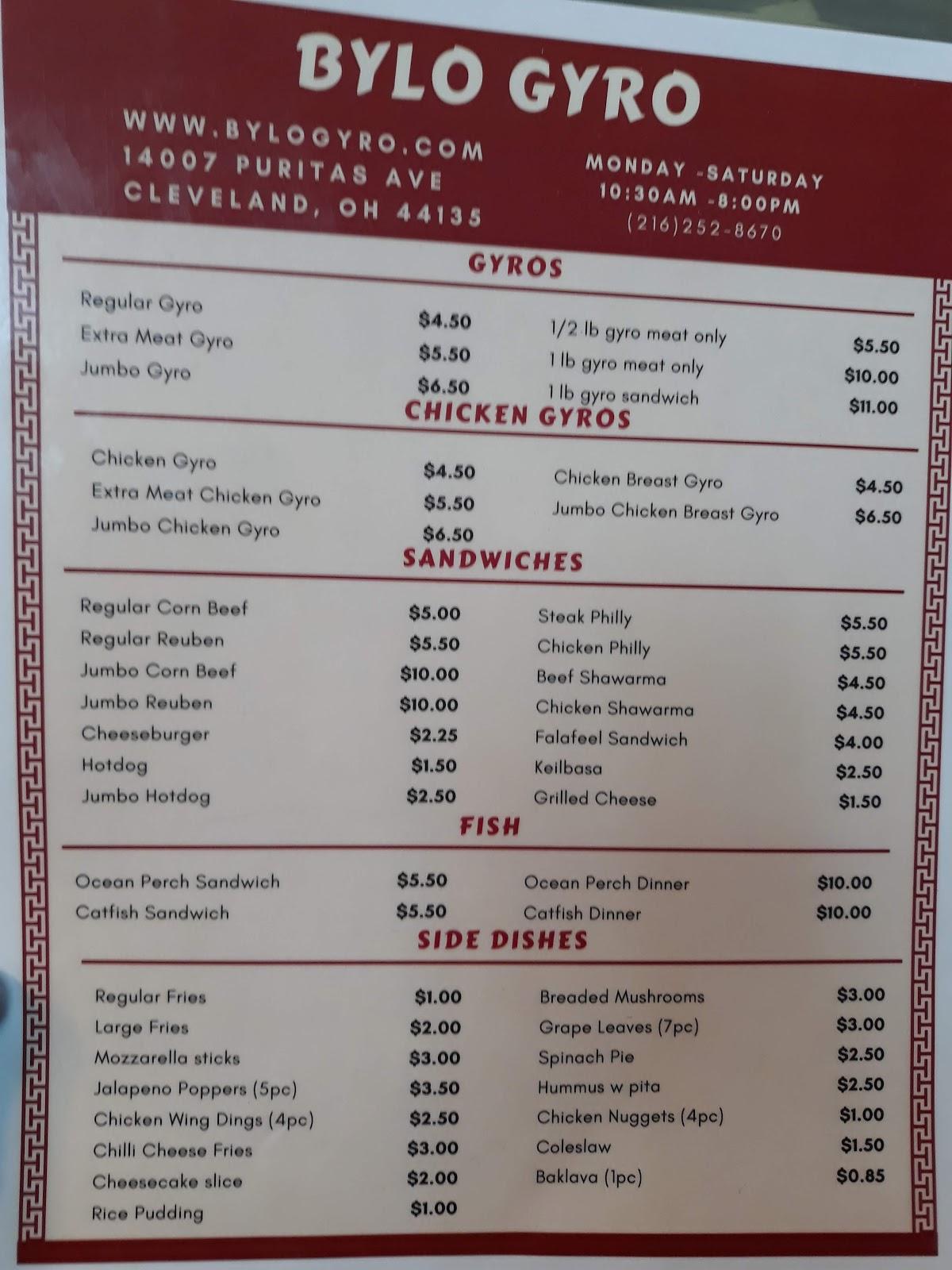 Menu at Bylo Gyro restaurant, Cleveland