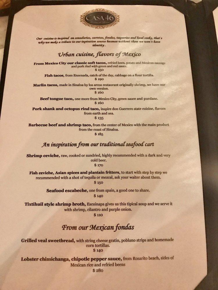 Carta del restaurante Casa 46, Mazatlán, Constitución 79