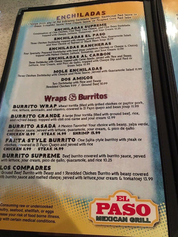 Menu at El Paso restaurant, Crowley
