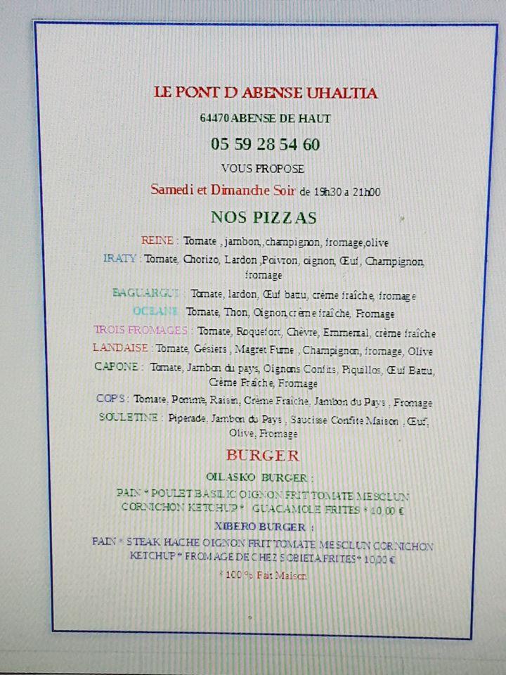 Menu au Restaurant de L'Hôtel du Pont d'Abense UHALTIA, Alos-Sibas-Abense