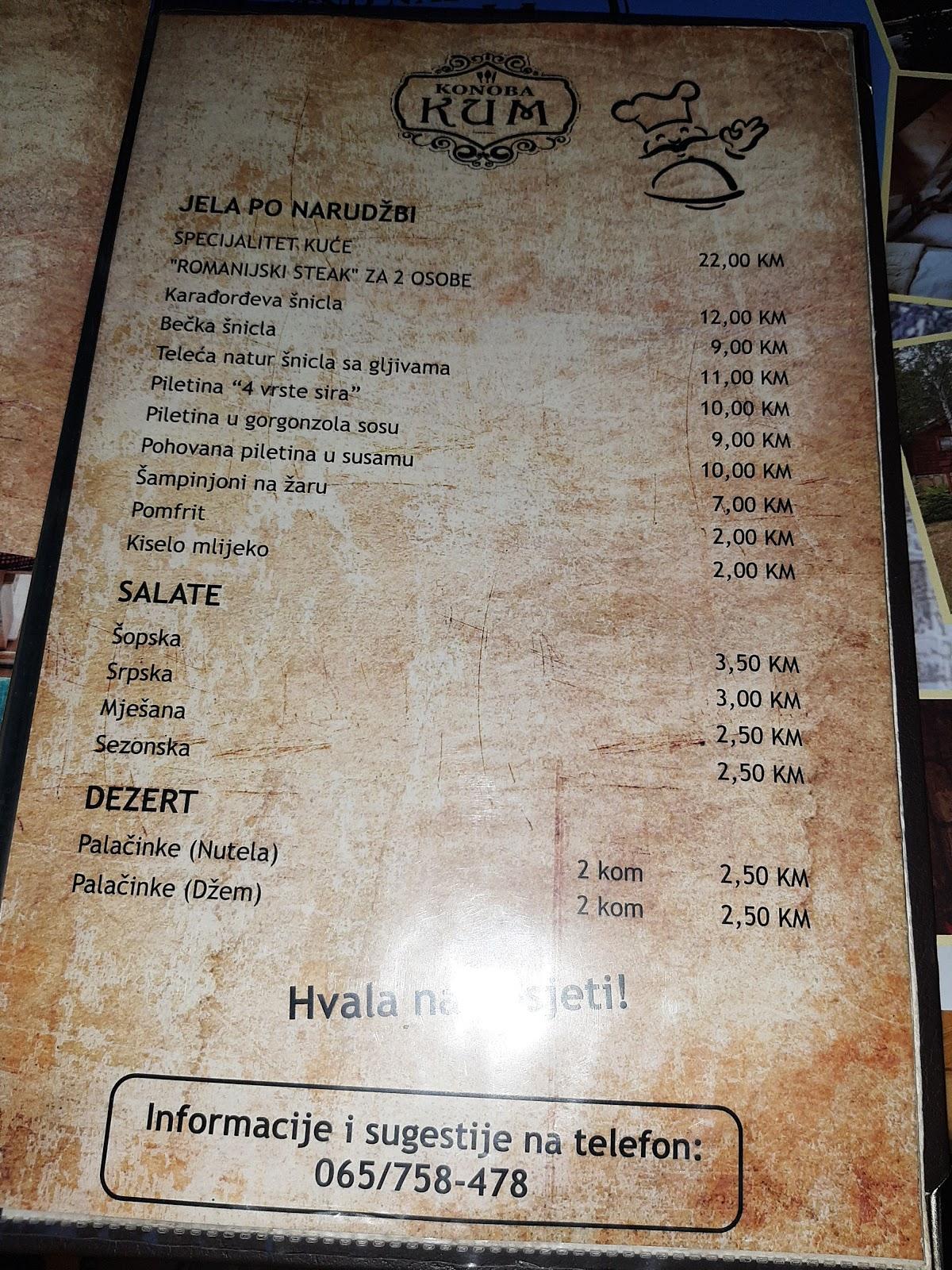 Menu at Konoba Kum restaurant, Sokolac