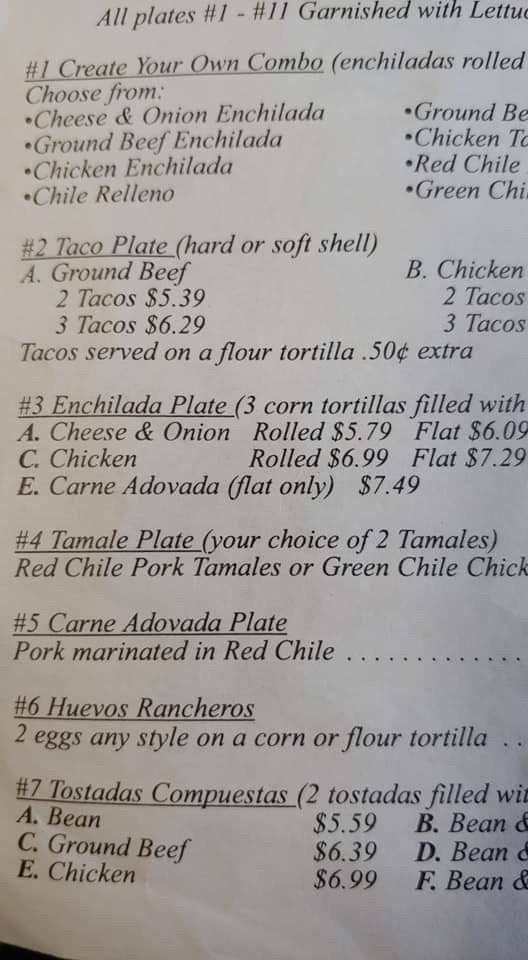 Menu at La Casita restaurant, Bernalillo