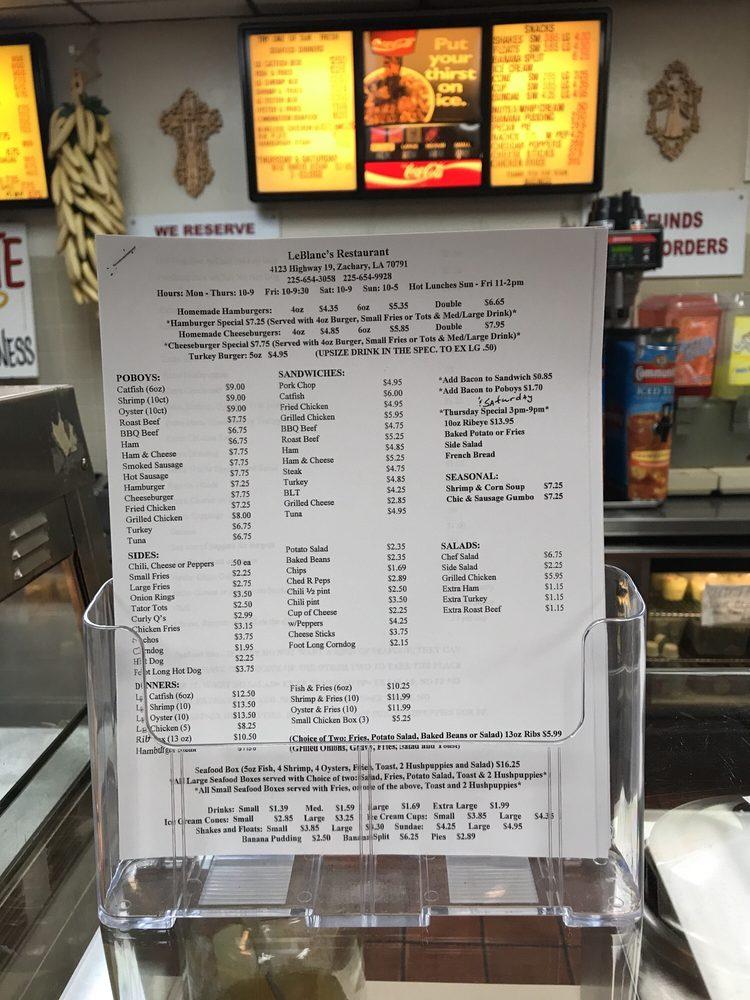 Menu at Leblanc's Drive Inn restaurant, Zachary