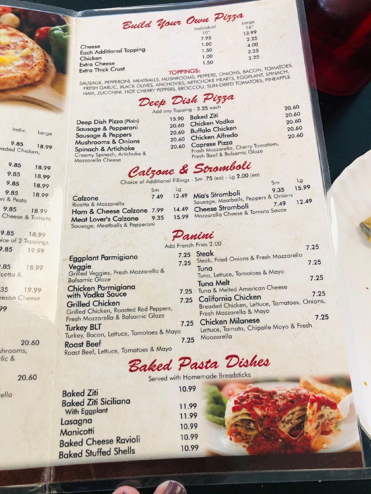 Menu at Mia's Pizza & Cafe, Toms River