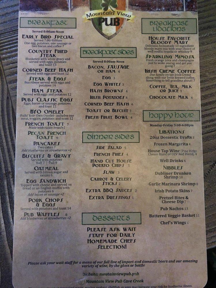 Menu at Mountain View Pub, Cave Creek