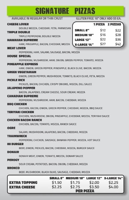 Menu at Ogie's Pizza restaurant, Rimbey